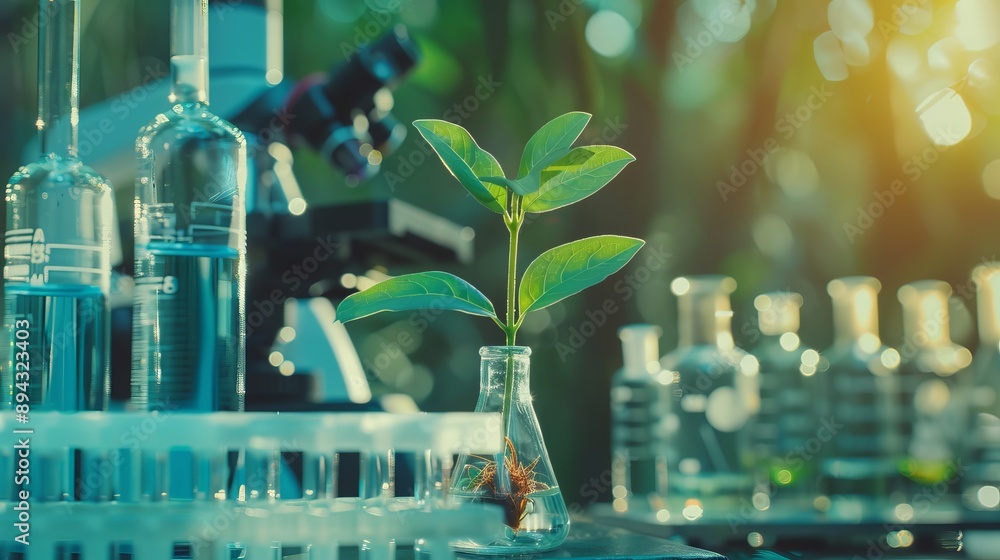 Microscope and young plant in science test tube, lab research with ...