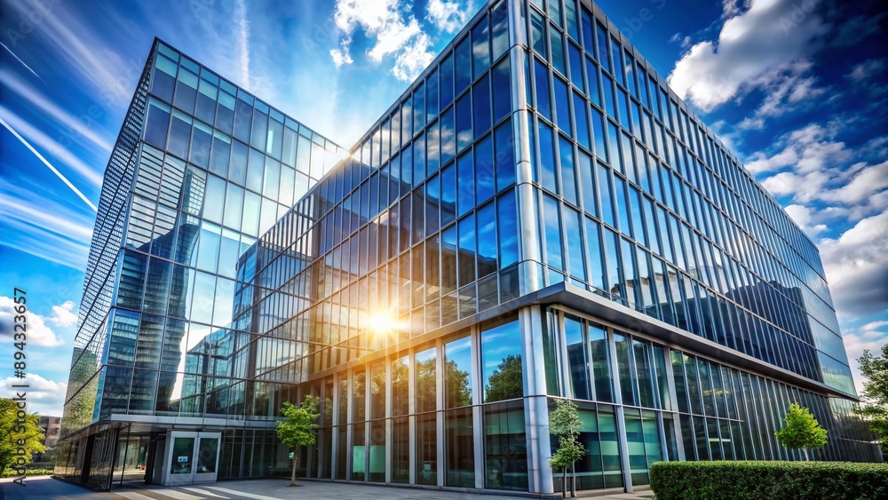 Modern office building with sleek glass facade and geometric lines ...