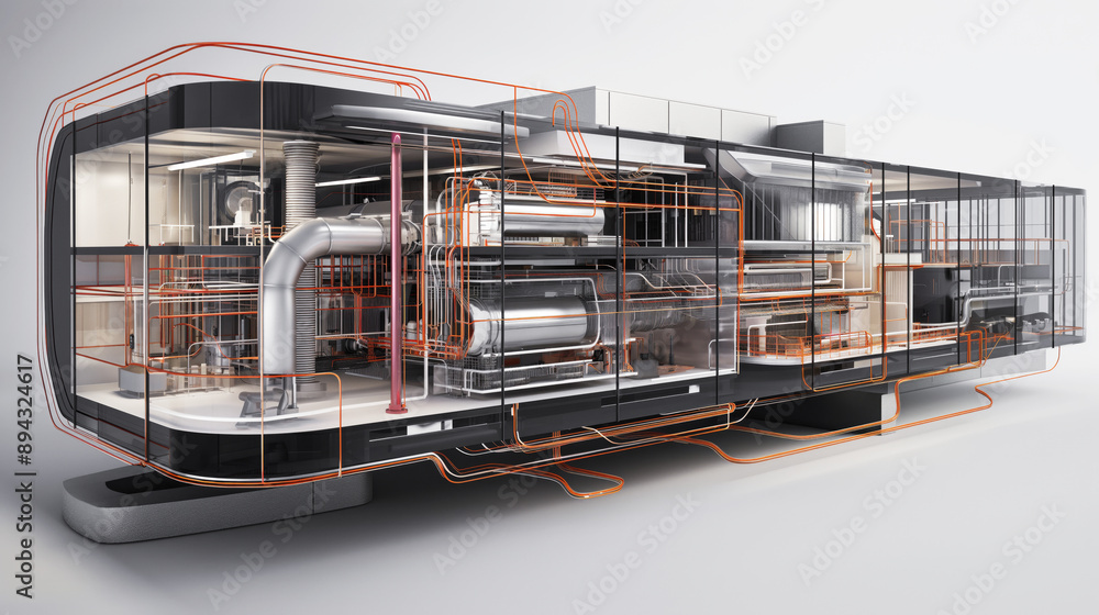 Diagram of a complex industrial system with transparent casing ...