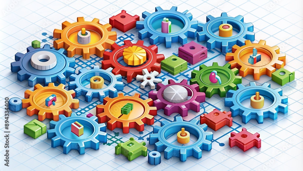 Colorful isometric illustration of interconnected gears, cogs, and ...
