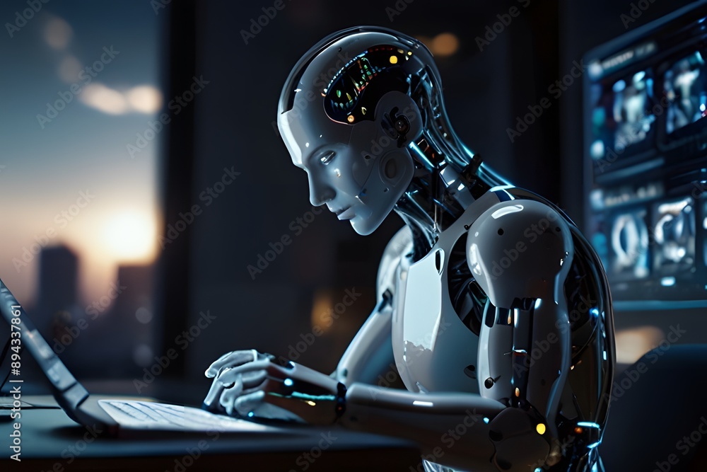 Advanced AI robot working at a desk, highlighting the integration of ...