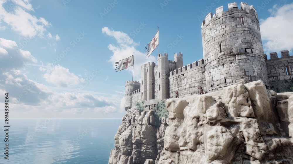Realistic 3D modeling of a medieval castle on a cliffside, complete ...