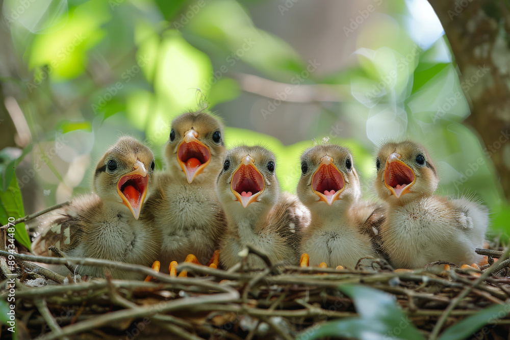Hungry chicks sit in a nest in a tree with their mouths wide open and wait to be fed. Small ...