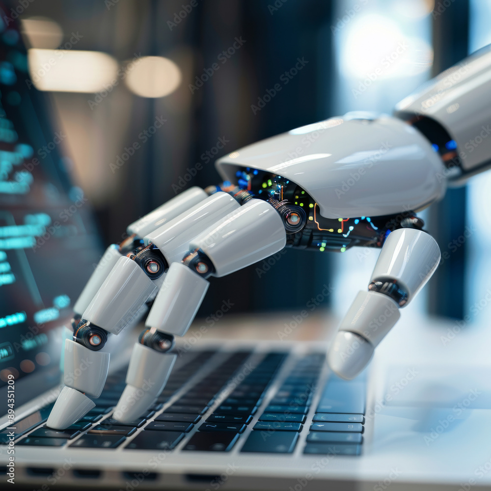 Robotic hands hover over a laptop, their fingers poised to interact ...