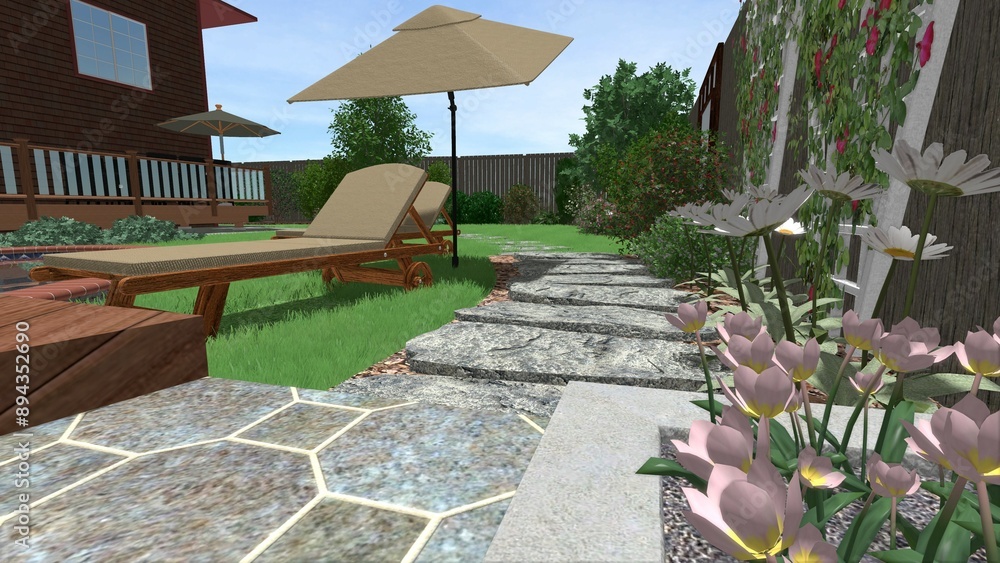 3d image of the landscape design of the home territory. Landscaping of ...