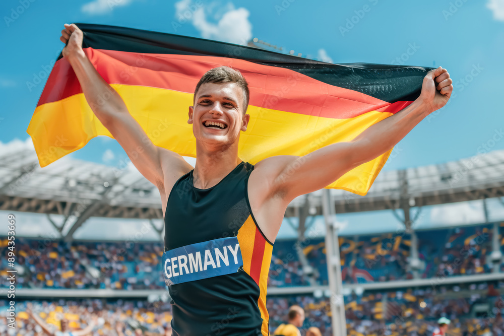 Joyful German Olympian at Paris 2024. A male athlete from Germany, dark ...