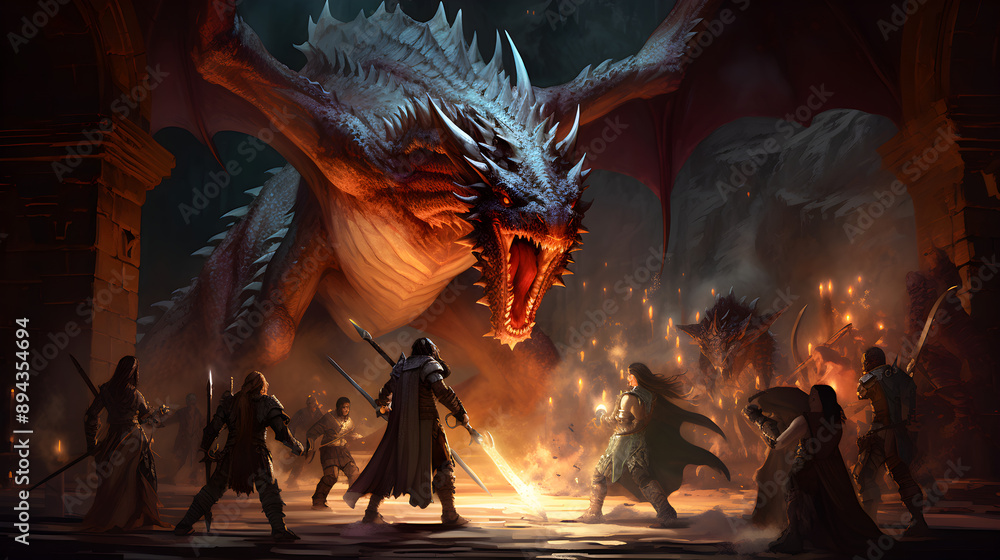 Epic Confrontation in Ancient Dungeon: Adventurers Battle a Dragon in a ...