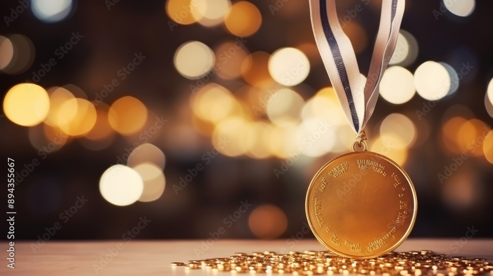 Gold medal winner prize with ribbon on blurred sports stadium ...