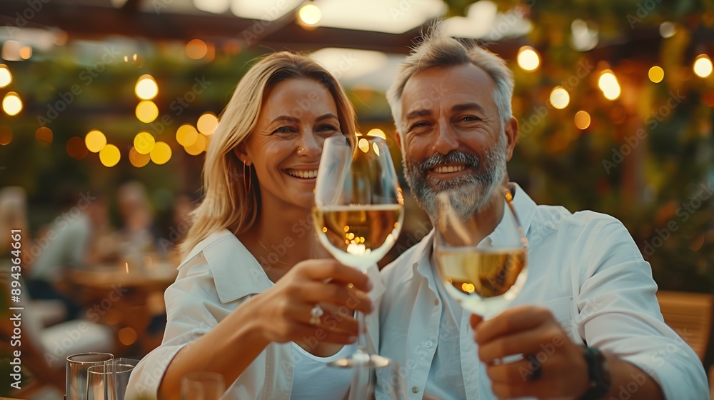 Vertical Mature smiling couple toasting white wine glasses to the ...