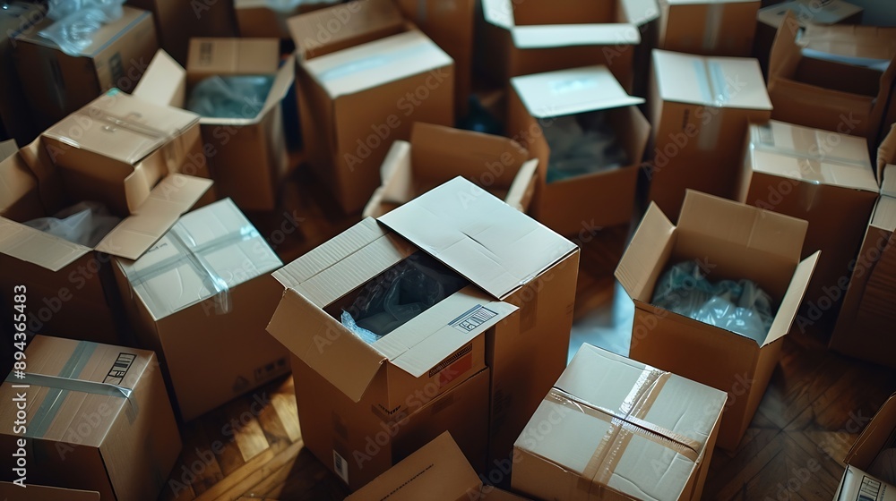 Open cardboard logistic boxes with housing stuff Messy containers ...