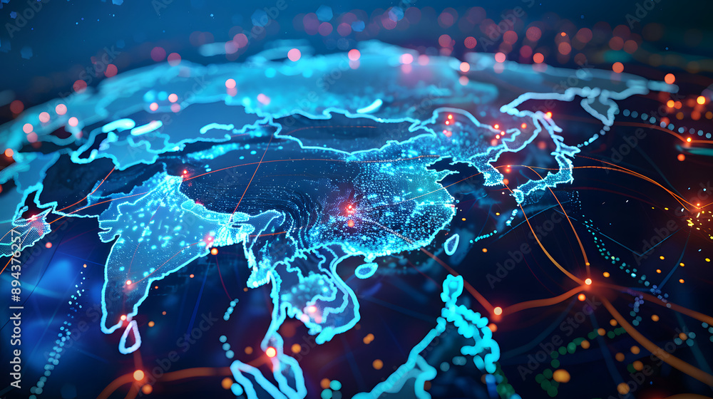 Digital map of Asia, concept of global network and connectivity, data ...