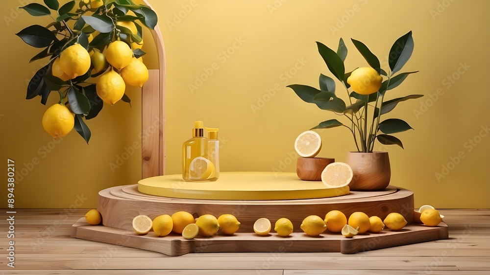 Citrus yellow backdrop with lemon podium product fruit platform ...