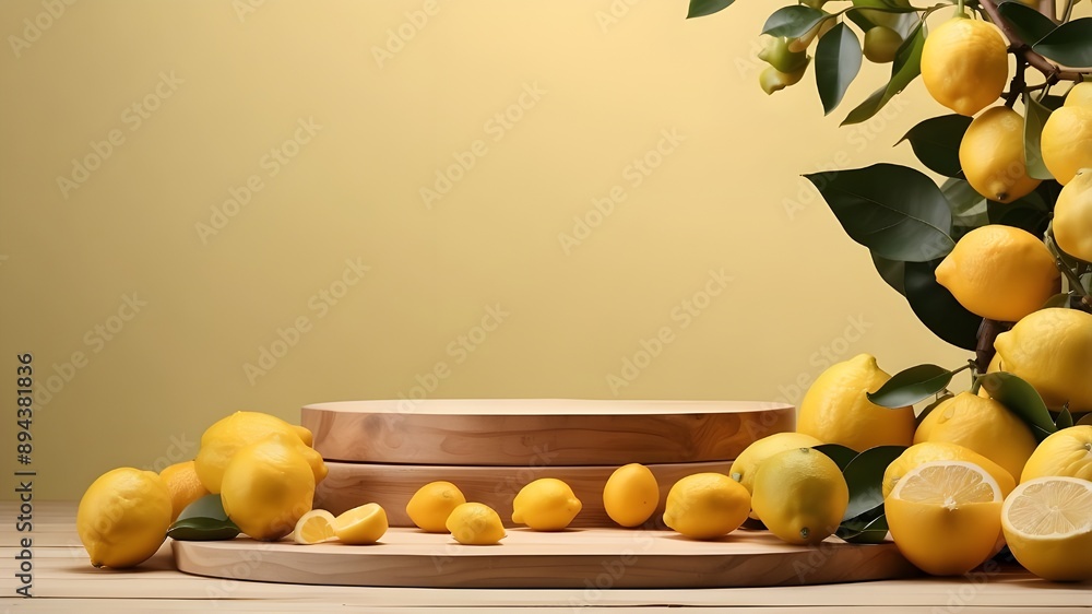 Citrus yellow backdrop with lemon podium product fruit platform ...