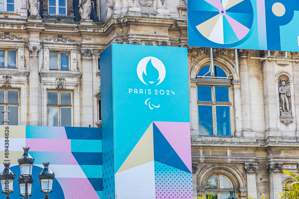Official logo of the Paris 2024 Summer Olympics on the wall of the ...