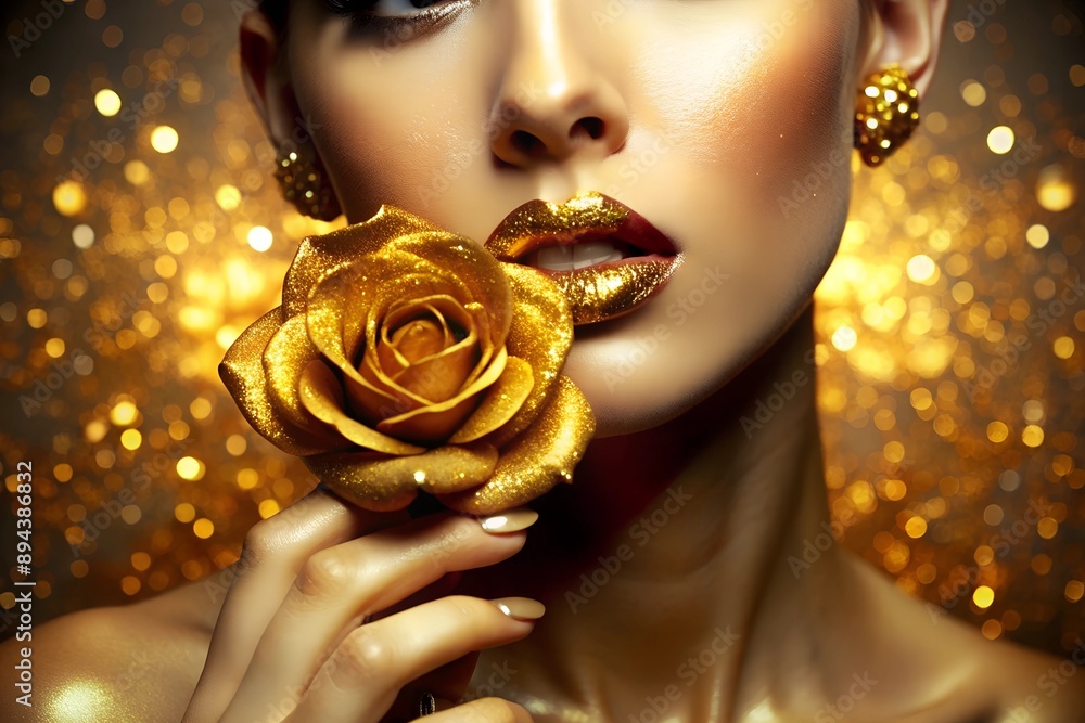 Gold Skin Woman Face. Golden Lips Make up with Flower close up. Female ...