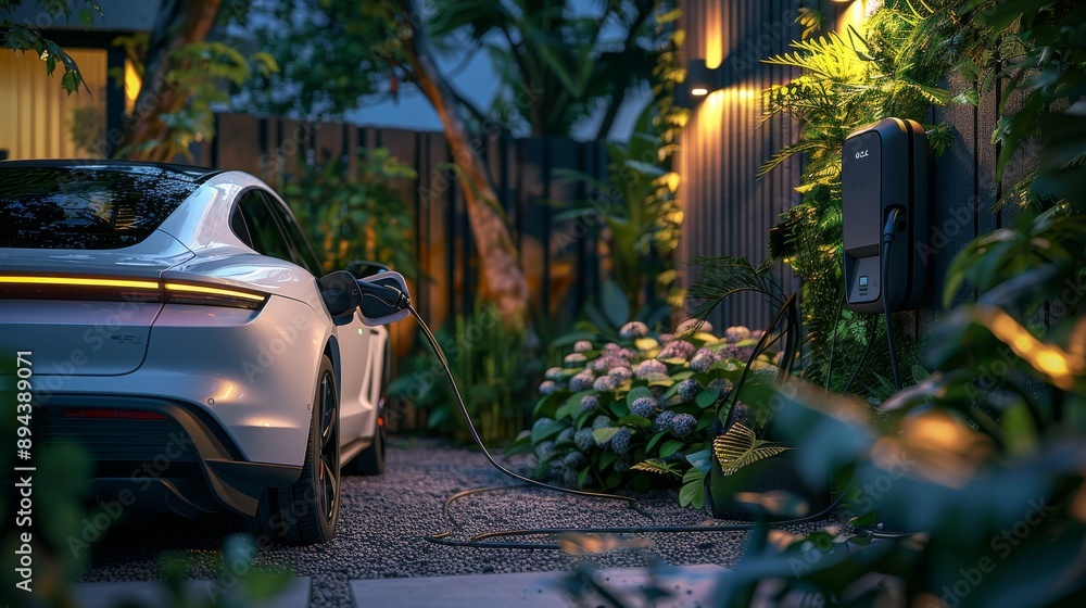 modern futuristic smart home with electric car charging, EV charging ...