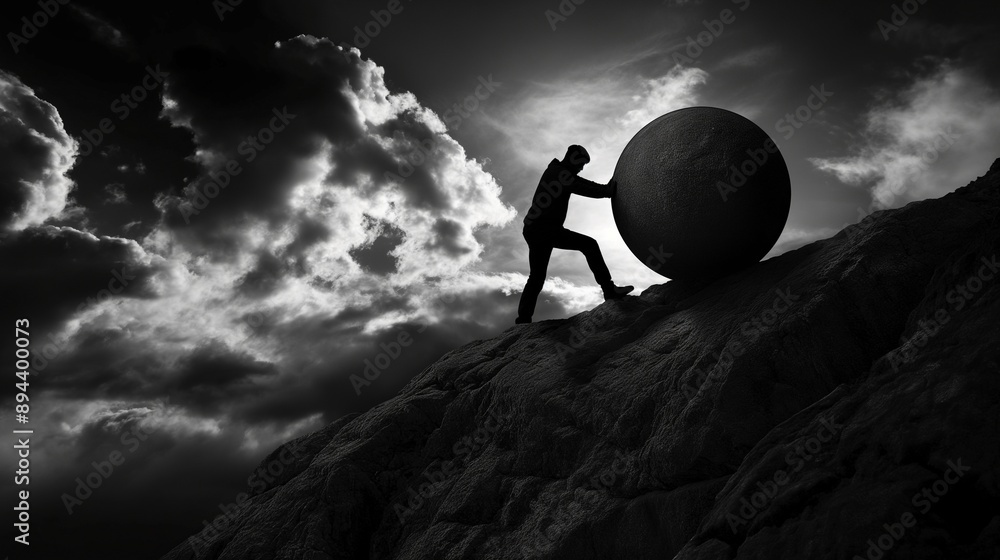 Man pushes large round boulder up steep hill in dramatic black and ...