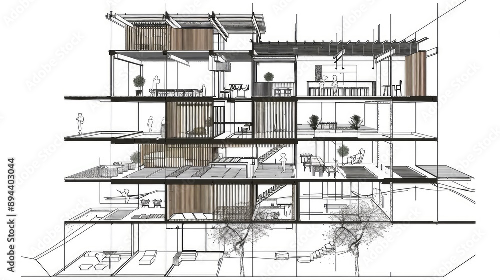 Beach shack: architectural drawing of a coastal hut, wood, thatch ...