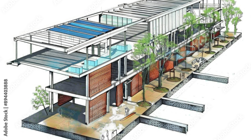 Cultural center: architectural drawing of a community hub, brick, glass ...
