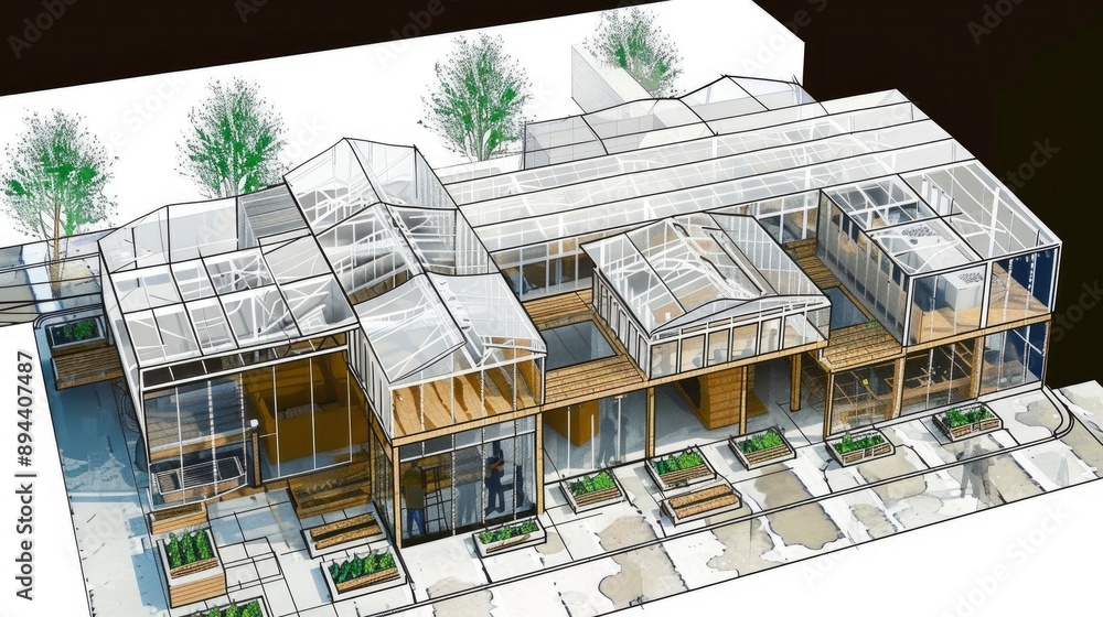 Urban farm: architectural drawing of a rooftop farm, wood, glass, space ...