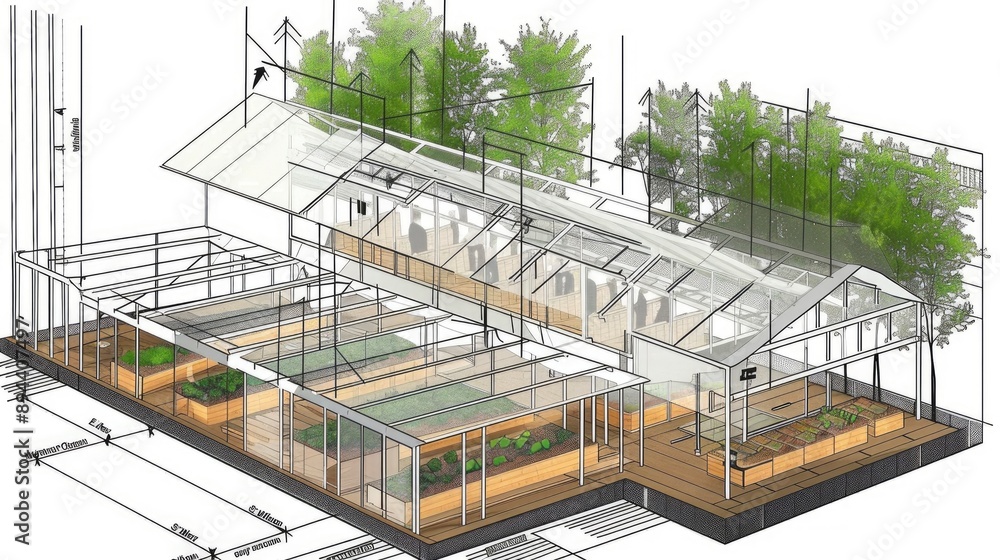 Urban farm: architectural drawing of a rooftop farm, wood, glass, space ...