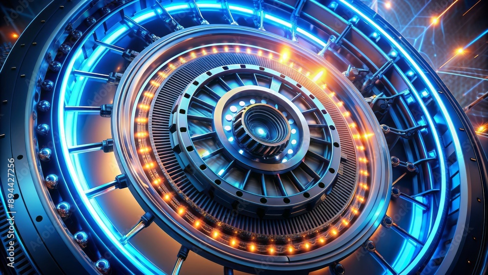 Futuristic glowing wheel with intricate mechanical components ...