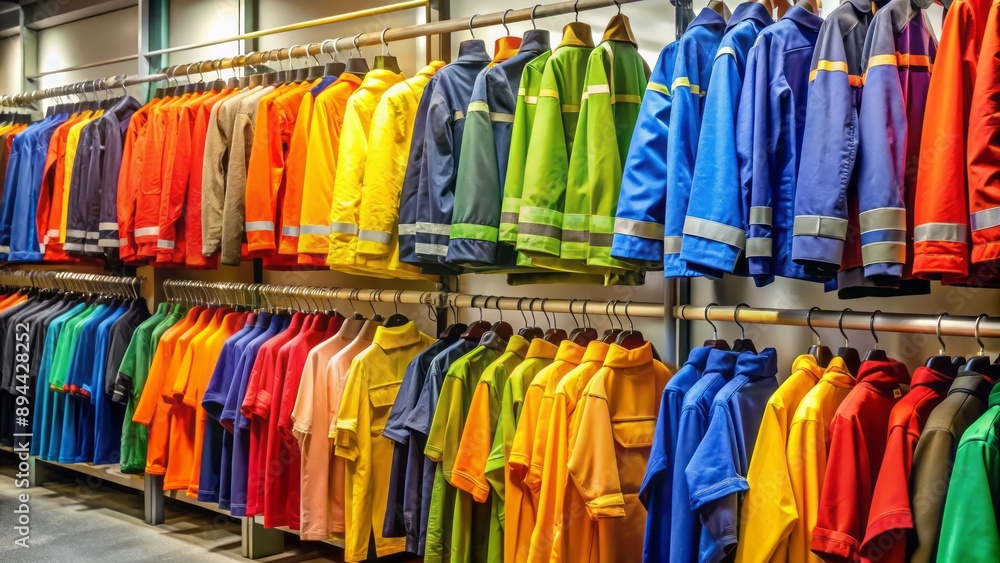 Vibrant array of varied worker uniforms hang neatly on racks ...
