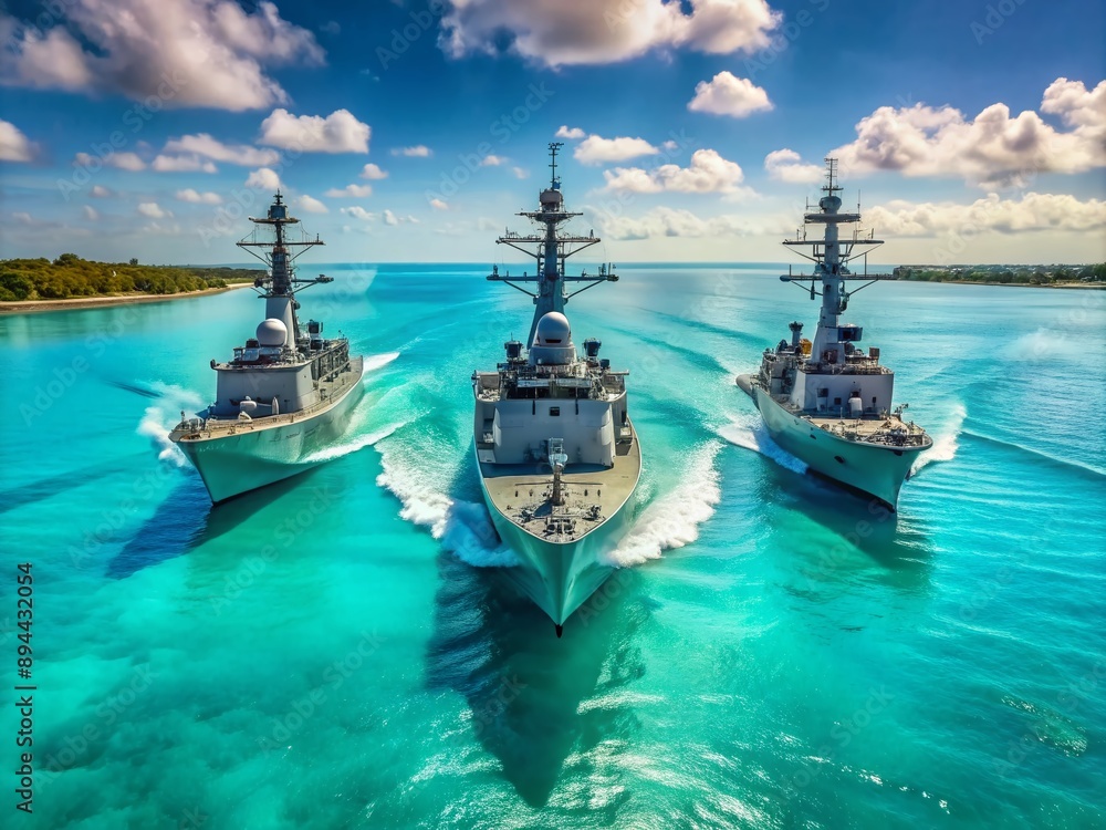 Three sleek naval warships sail in formation through calm turquoise ...