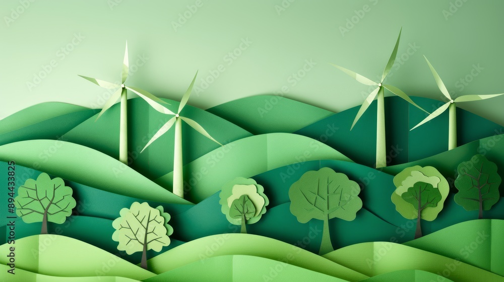 Paper art , renewable energy with green energy as wind turbines ...