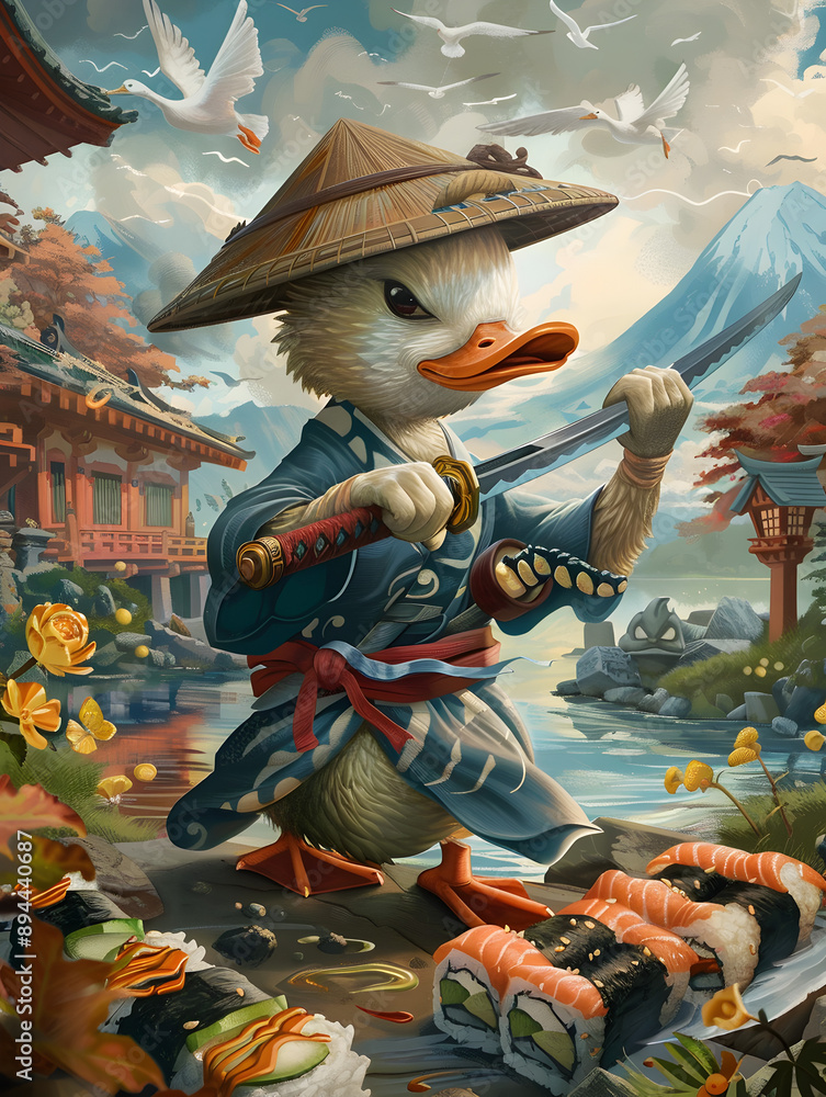 Samurai Duck: A duck dressed as a samurai, wielding a sushi sword ...