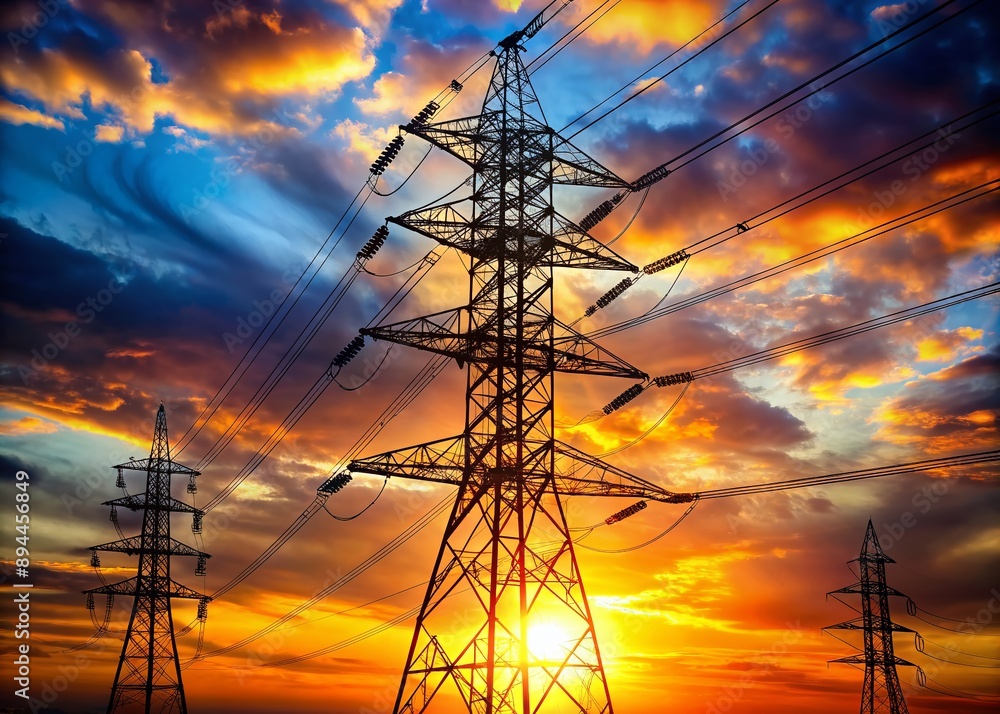 High voltage electric transmission tower. High voltage power lines on ...