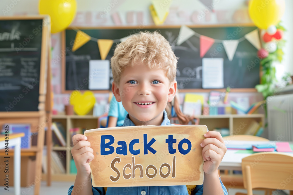 Happy child holding 'Back to School' sign in a cheerful classroom ...