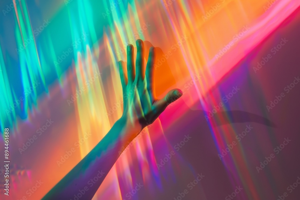 Multiple hands reach up silhouetted against a backdrop of rainbow ...