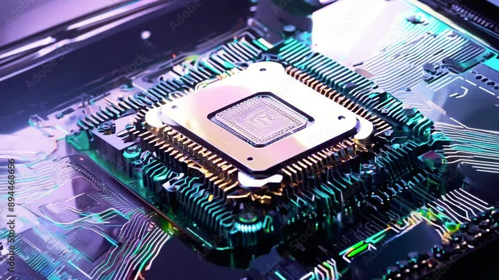 Futuristic Technology Background CPU Circuit. 3D Visualization AI Processor Power. Colorful Blue ...