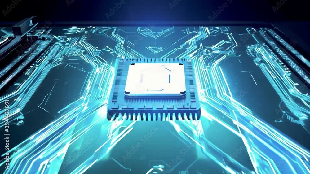 Futuristic Technology Background CPU Circuit. 3D Visualization AI Processor Power. Colorful Blue ...