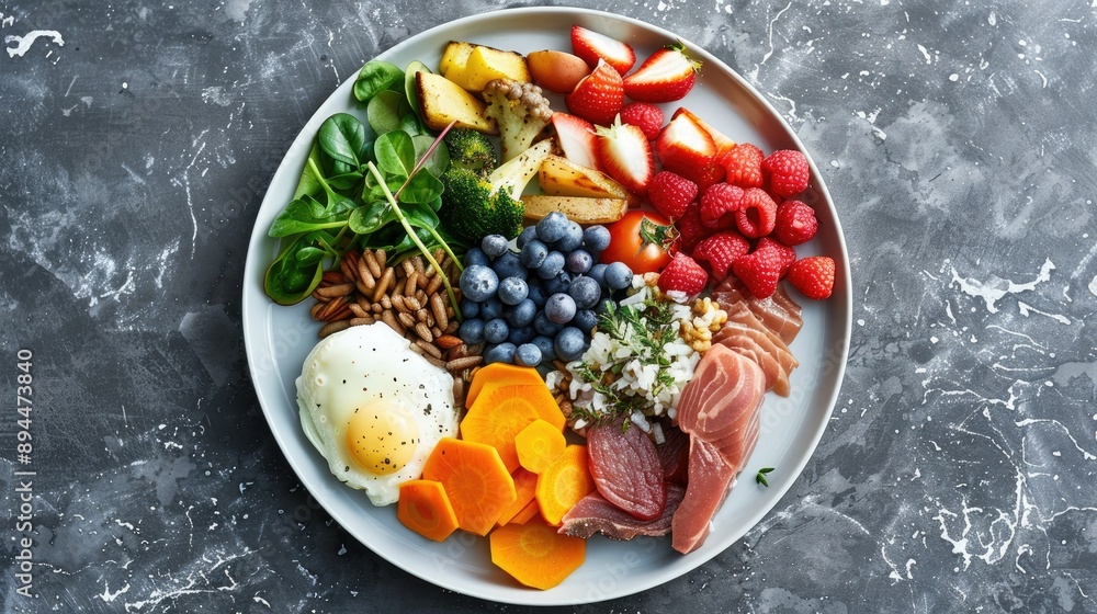 Balanced plate with all the macronutrients: proteins, carbs, and fats ...