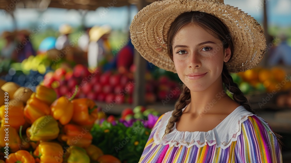 Latina woman in traditional attire at a colorful marketplace ...
