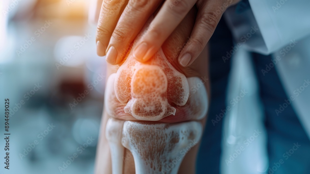 An image depicting hands gently touching an inflamed knee joint ...