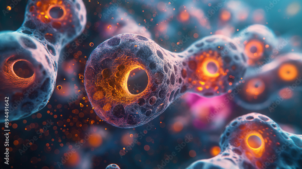 Microscopic depiction of cells in motion, highlighting vivid colors and ...