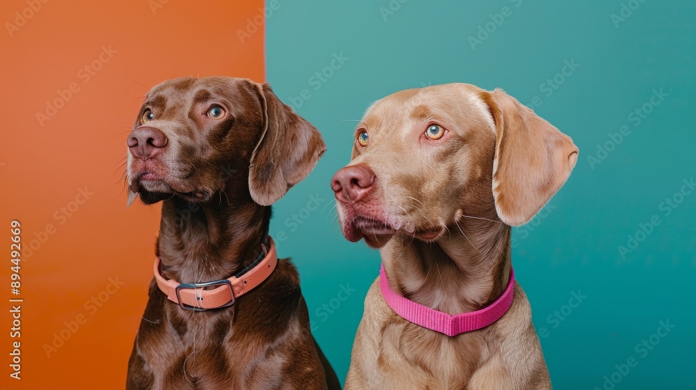 Two dogs with brown and fawn fur wearing collars are posing against a ...