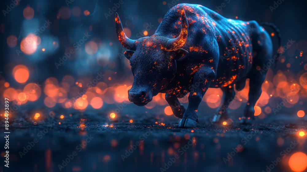 Artistic representation of a bull market featuring a stylized bull ...