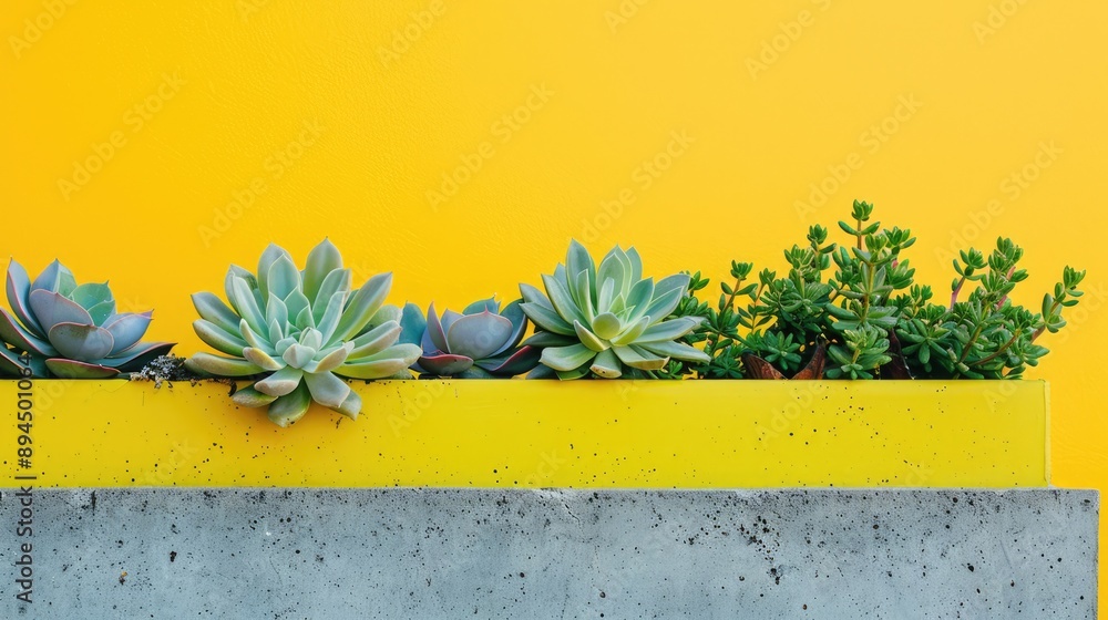 Succulent garden in concrete planter. Yellow banner for shop header ...