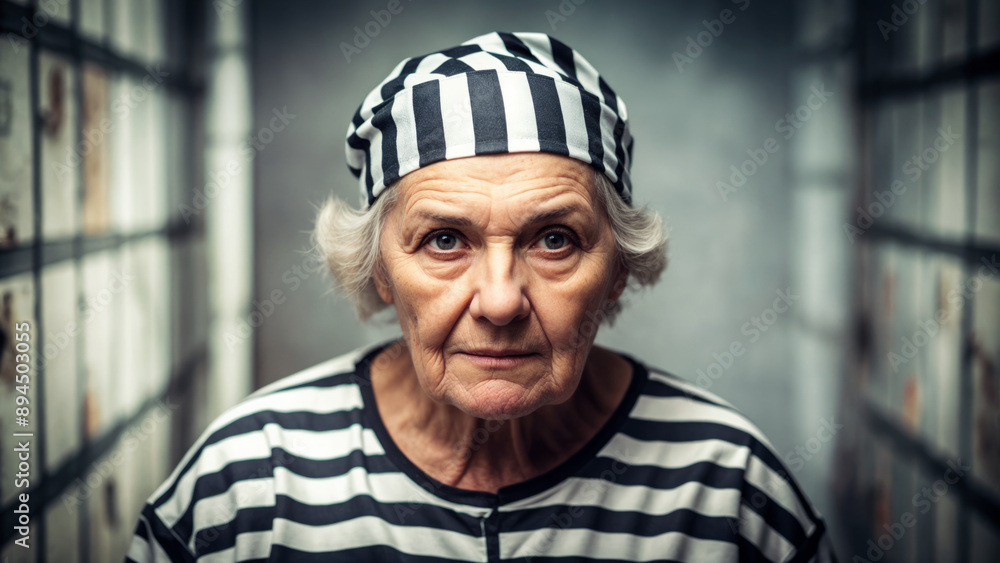 An old woman in striped prison clothes, her hair is gray, and her face ...