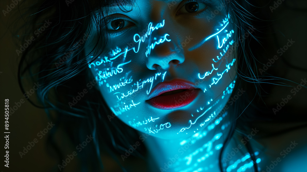 Mysterious portrait with blue handwritten text light projection on a ...