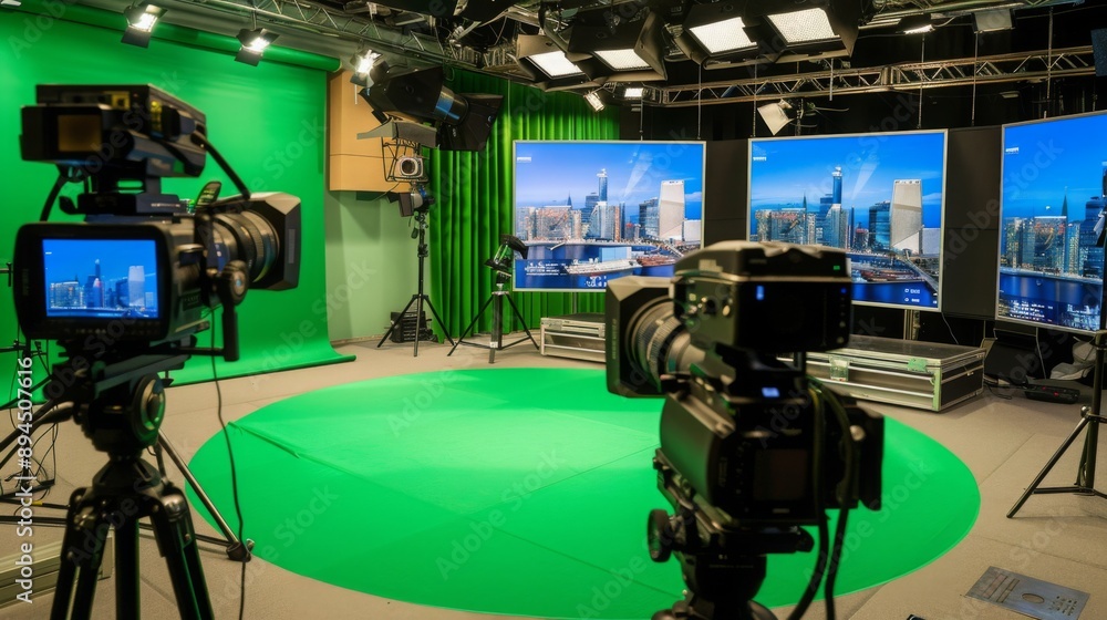 Two professional cameras are positioned in a green screen studio with a ...