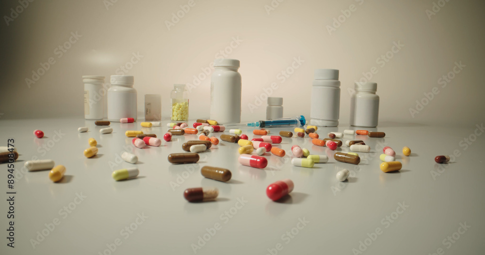 Copy space. Colorful pills and tablets falling on white table with ...