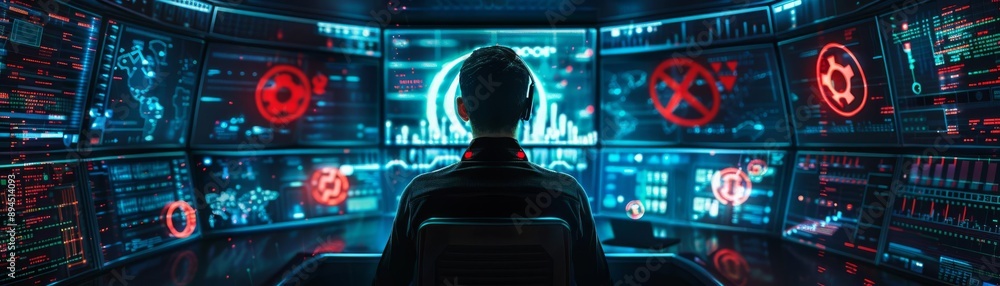 Cyber attack underway, hacker breaching defenses, dark room illuminated by screens, intense ...