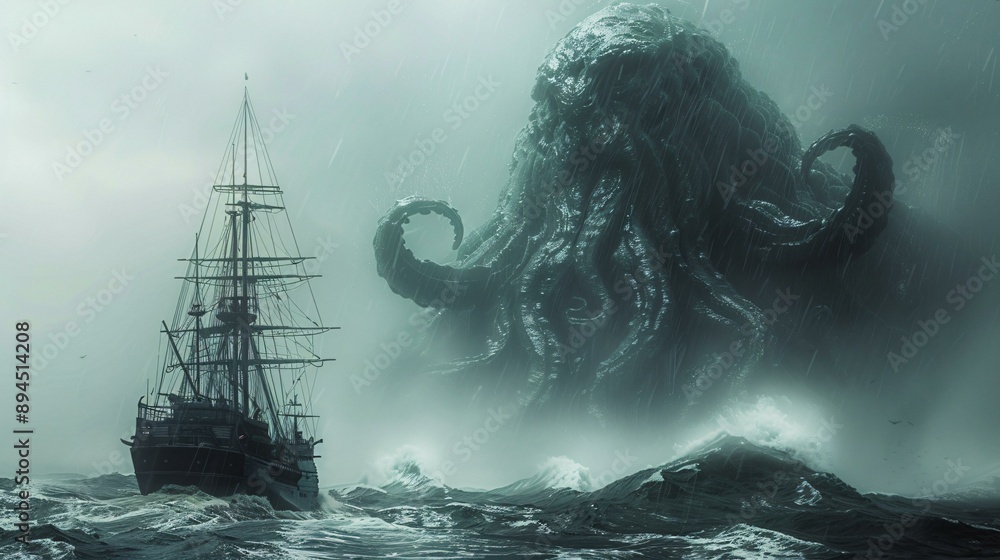 Ship meets Cthulhu in the ocean in a storm it is raining huge waves in ...