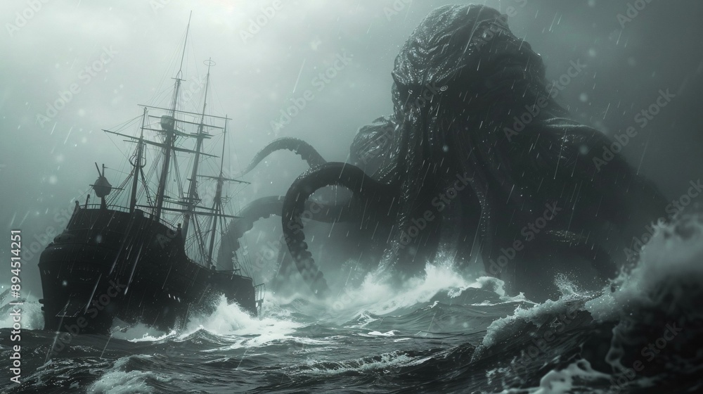 Ship meets Cthulhu in the ocean in a storm it is raining huge waves in ...