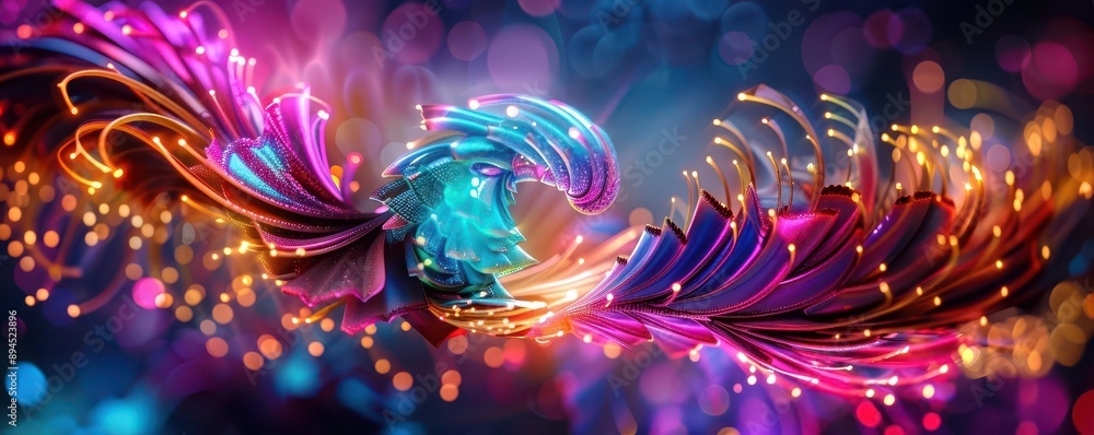 Circus performers in vibrant costumes dancing under a kaleidoscope of ...